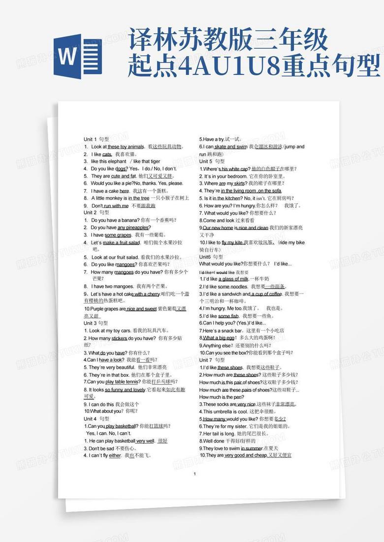 译林苏教版-三年级起点4a-u1-u8重点句型Word模板下载_编号qxbwbnae_熊猫办公