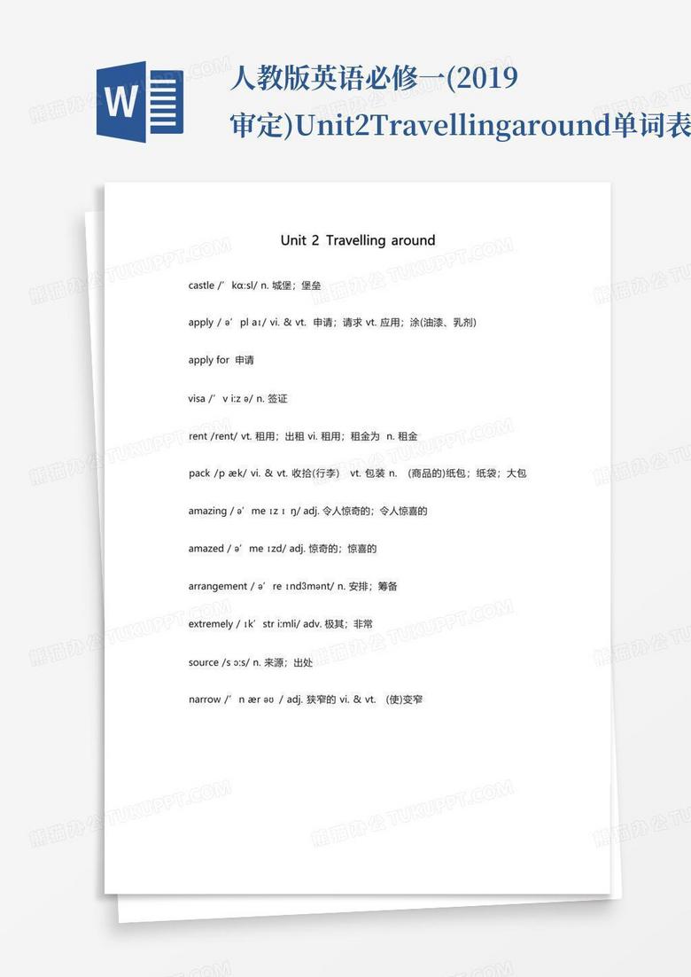 人教版英语必修一(2019审定)unit2travellingaround单词表Word模板下载_编号qadzgden_熊猫办公