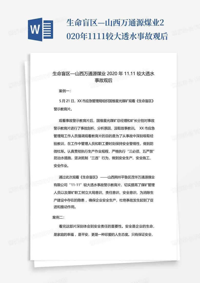 生命盲区—山西万通源煤业2020年11 11较大透水事故观后word模板下载 编号lgzbwrbe 熊猫办公