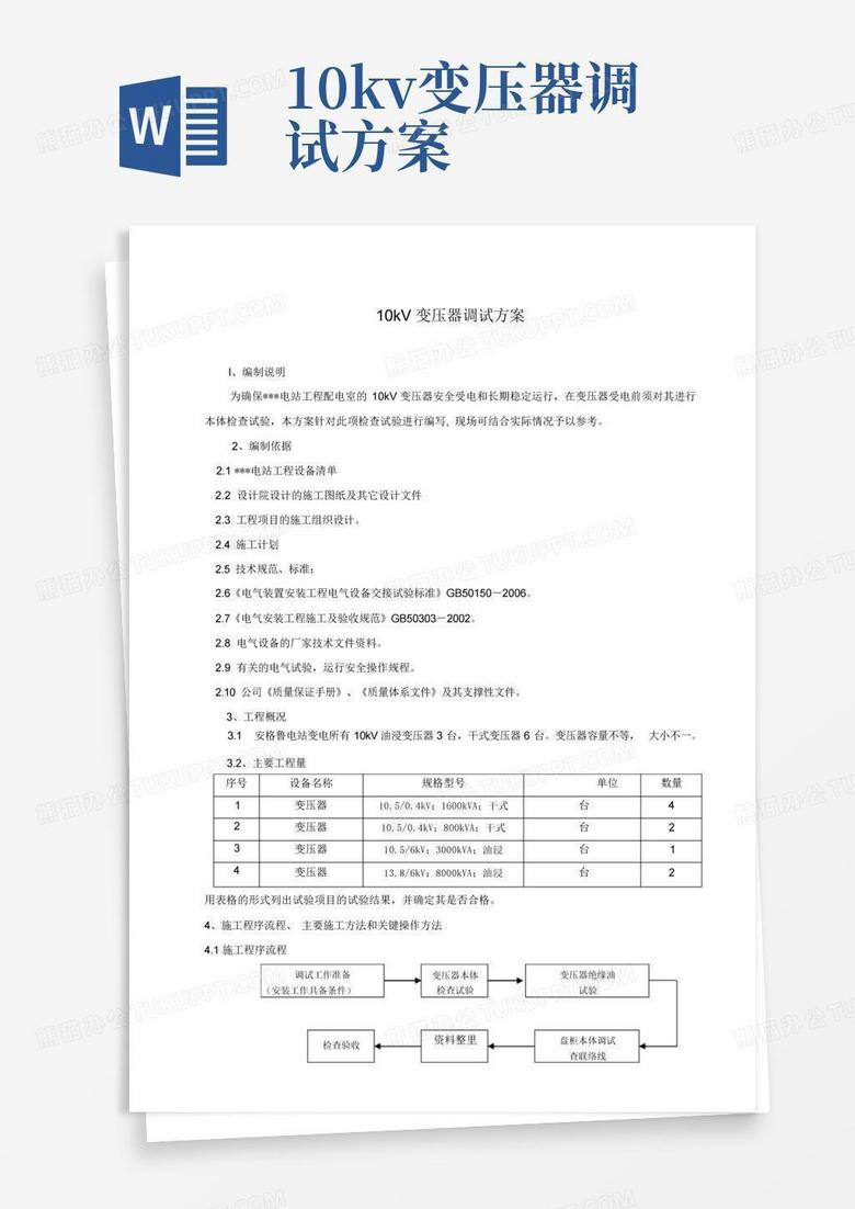 10kv变压器调试方案Word模板下载_编号qxyyejze_熊猫办公