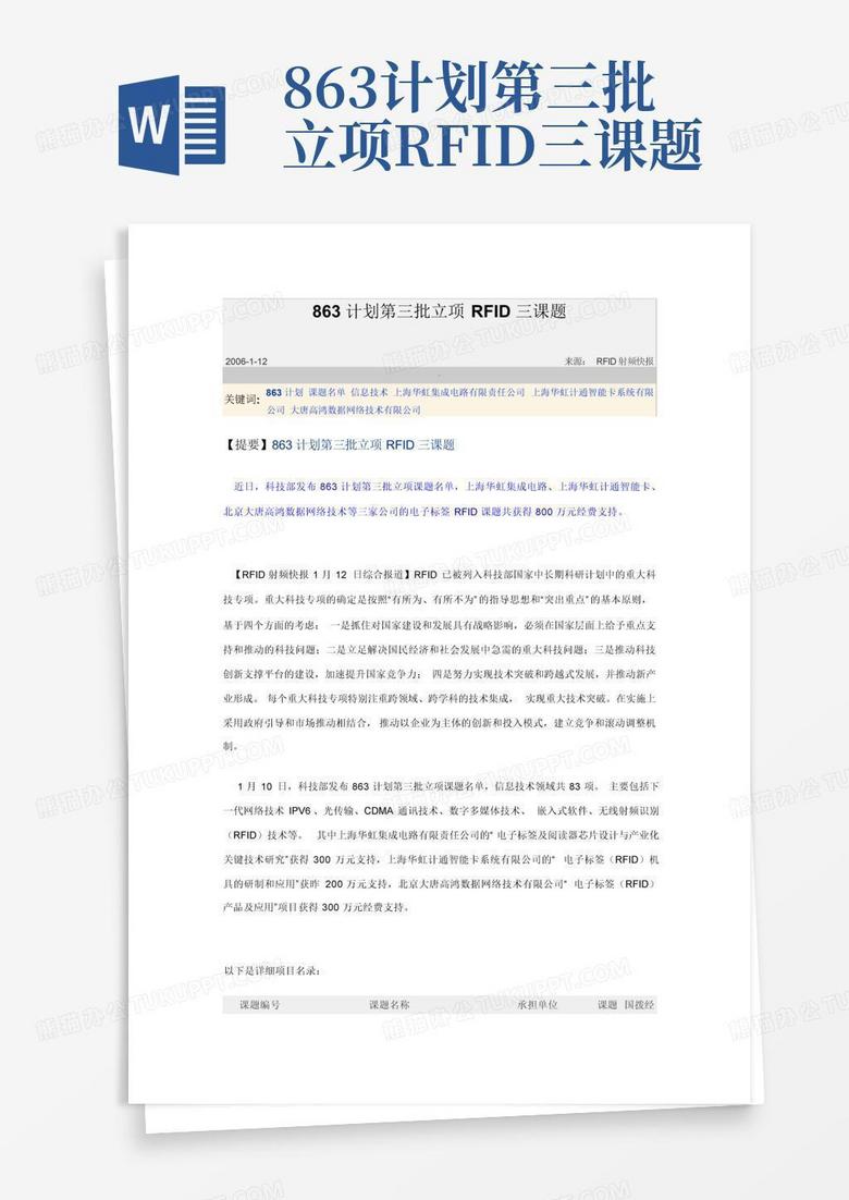 863计划第三批立项rfid三课题Word模板下载_编号qpyzdzjj_熊猫办公