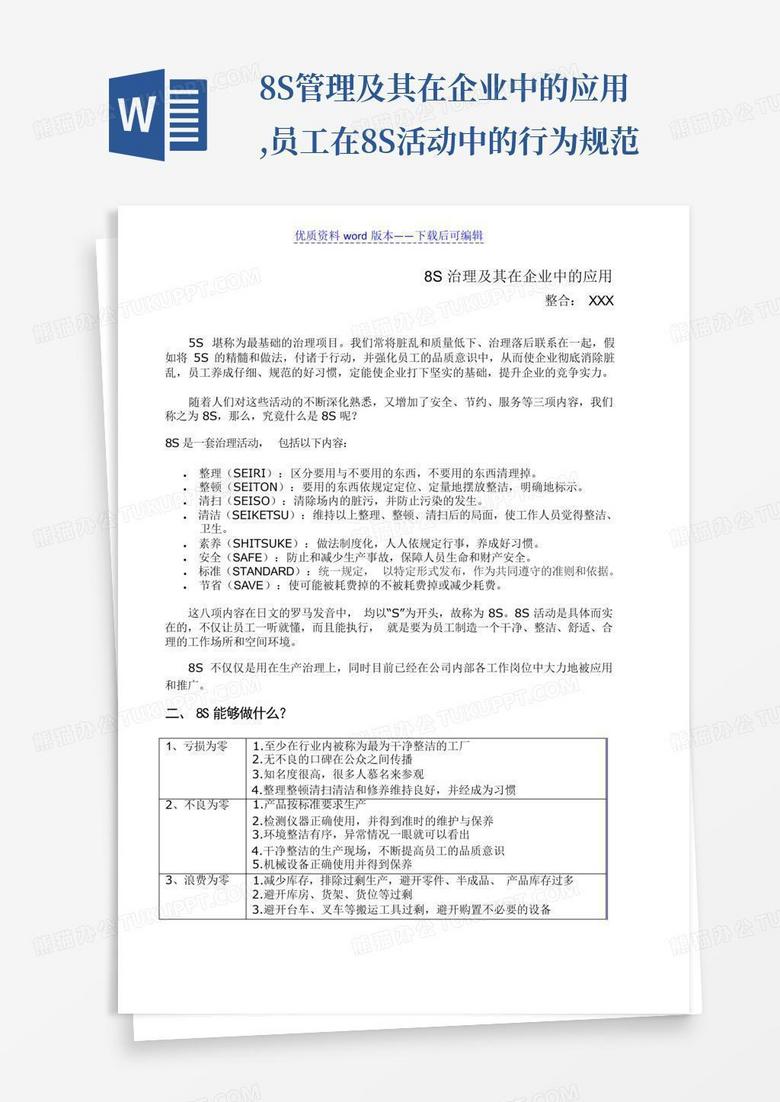 8s管理及其在企业中的应用,员工在8s活动中的行为规范Word模板下载_编号qjkjkwjv_熊猫办公