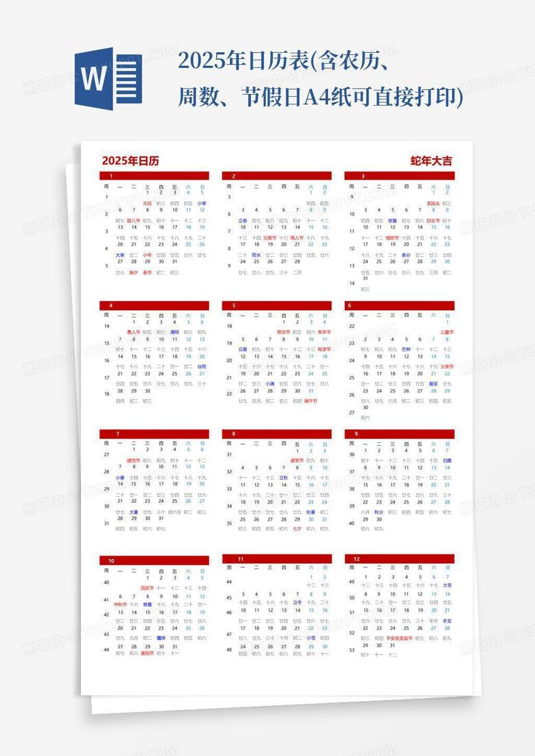 2025年日历表(含农历、周数、节假日a4纸可直接打印)Word模板下载_编号lwypbwdx_熊猫办公