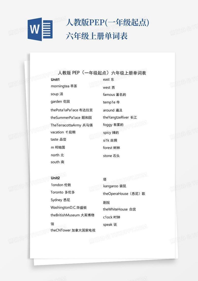 人教版pep(一年级起点)六年级上册单词表Word模板下载_编号qjkwywpg_熊猫办公