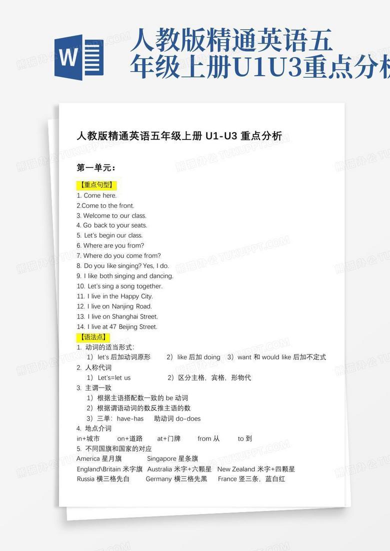 人教版精通英语五年级上册u1-u3重点分析Word模板下载_编号lyywvgzm_熊猫办公
