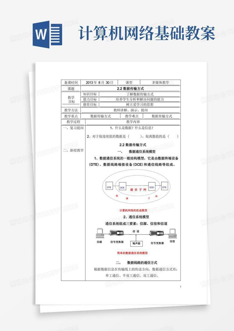 《计算机网络技术》教案：第二章数据通信基础第二节数据传输方式word模板下载编号lnvvramm熊猫办公