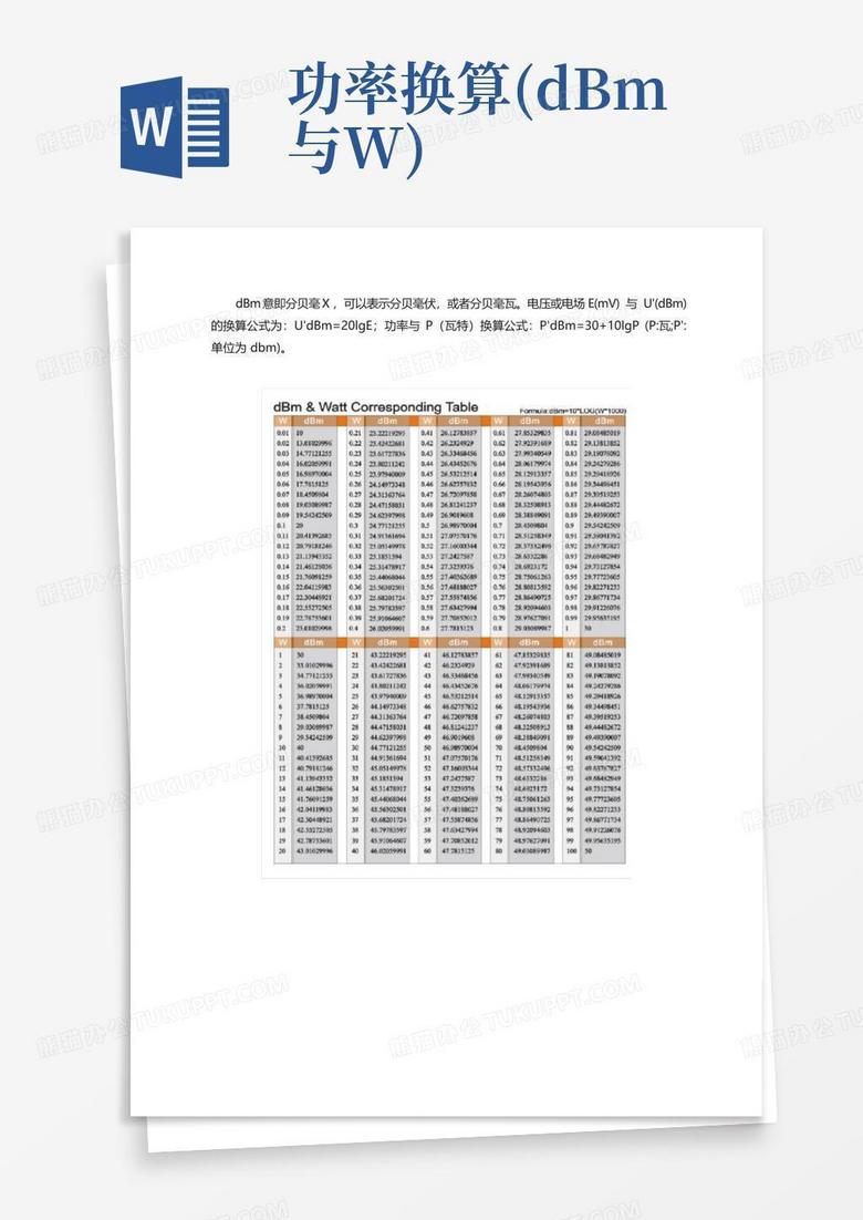 功率换算(dbm与w)Word模板下载_编号lapwzwpr_熊猫办公
