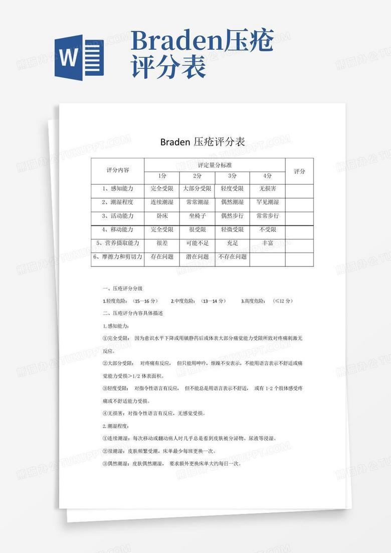 braden压疮评分表Word模板下载_编号lkrygzzd_熊猫办公