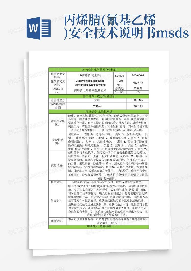 丙烯腈(氰基乙烯)安全技术说明书msdsWord模板下载_编号qezymvnv_熊猫办公