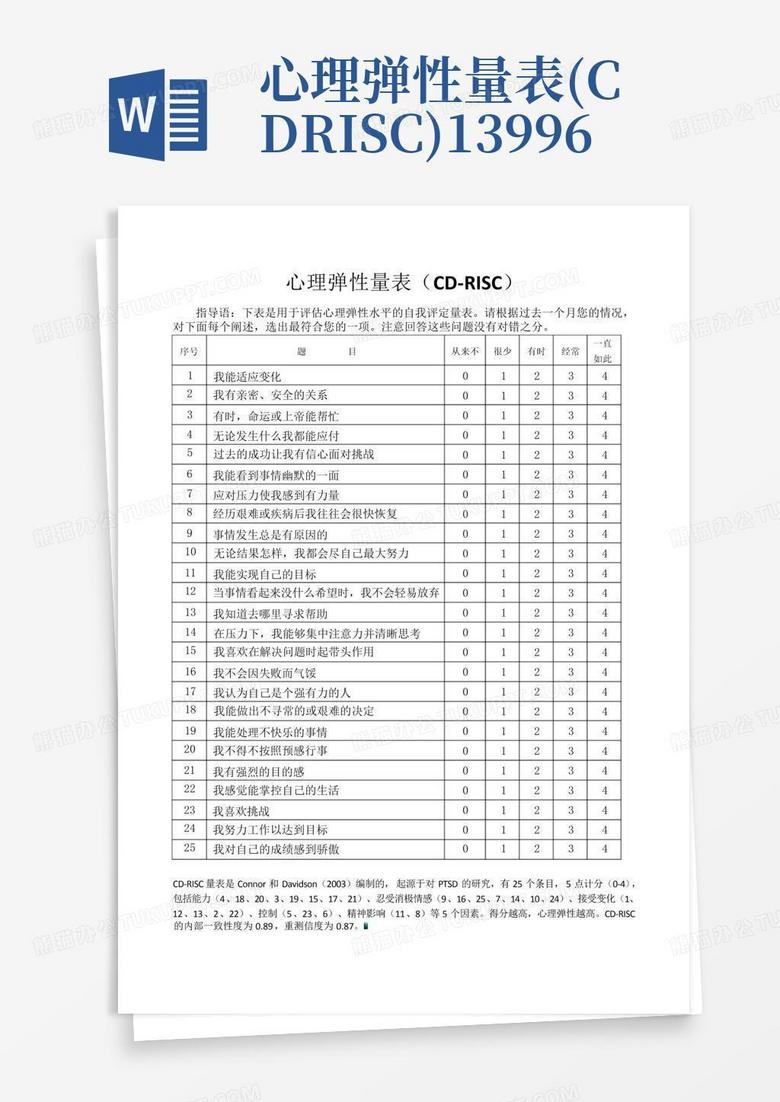 心理弹性量表(cd-risc)13996Word模板下载_编号lrzywznm_熊猫办公