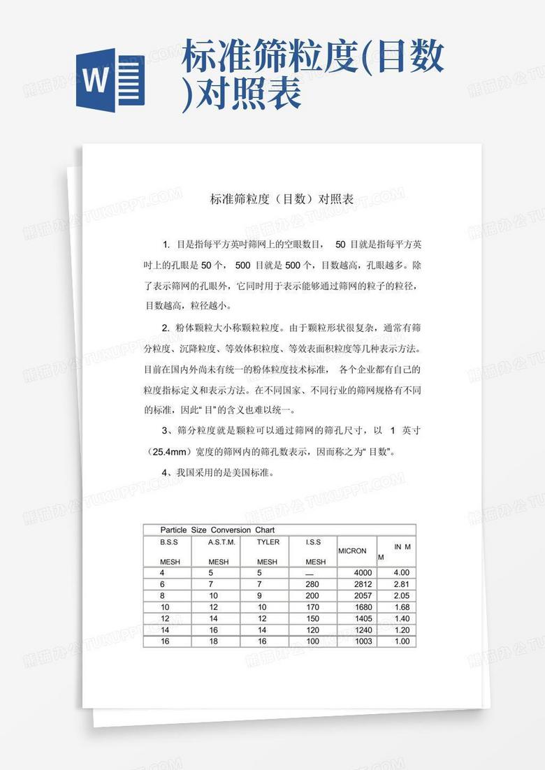 标准筛粒度(目数)对照表Word模板下载_编号lyekyznp_熊猫办公