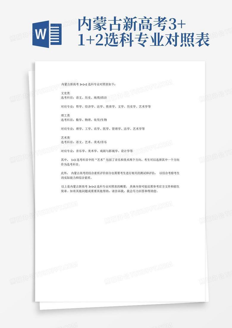 内蒙古新高考3 1 2选科专业对照表word模板下载 编号lbjraajr 熊猫办公