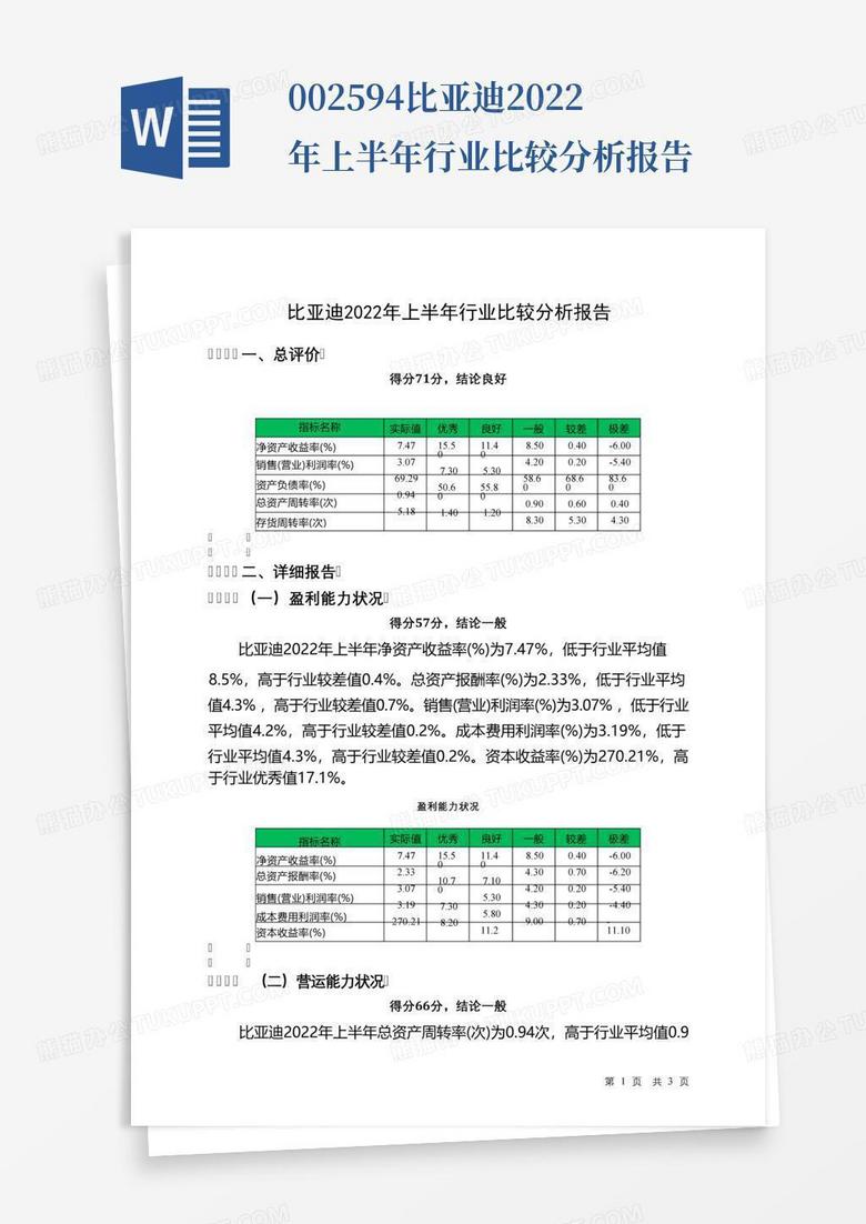 002594比亚迪2022年上半年行业比较分析报告Word模板下载_编号lnnwapea_熊猫办公