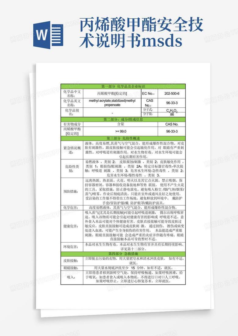 丙烯酸甲酯安全技术说明书msdsWord模板下载_编号qojnjzdk_熊猫办公