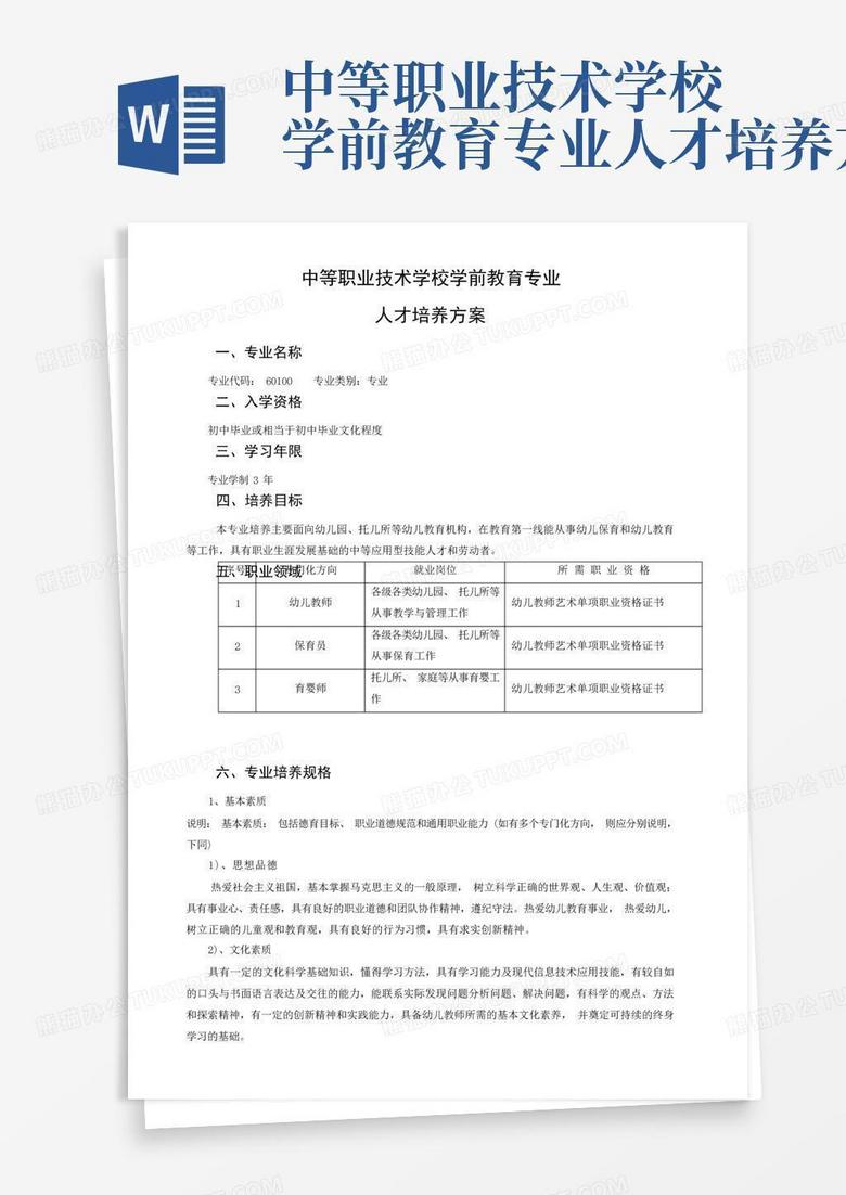 中等职业技术学校学前教育专业人才培养方案Word模板下载_编号lpopbrxn_熊猫办公