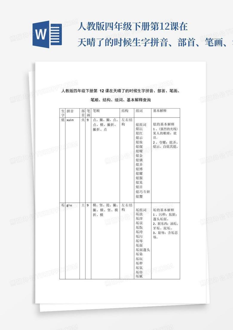 人教版四年级下册第12课在天晴了的时候生字拼音、部首、笔画、笔顺...Word模板下载_编号qygavjky_熊猫办公