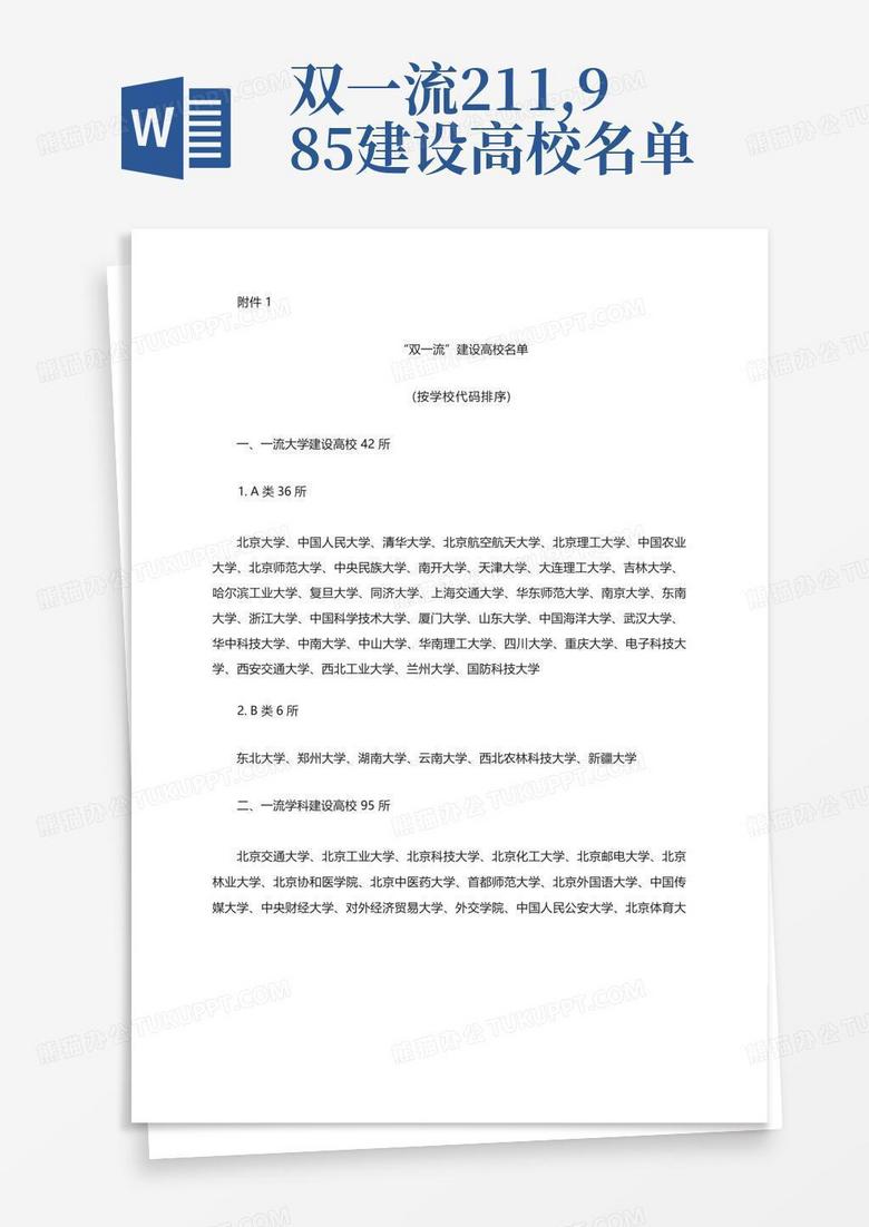 双一流211,985建设高校名单Word模板下载_编号lambjmbw_熊猫办公