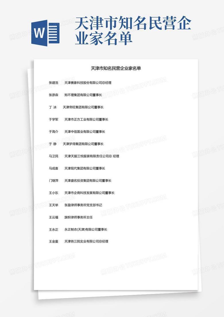天津市知名民营企业家名单Word模板下载_编号qddpdvzo_熊猫办公