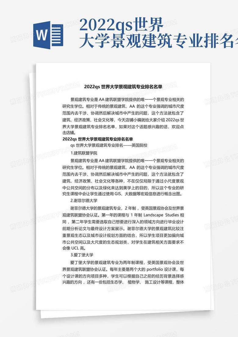 2022qs世界大学景观建筑专业排名名单Word模板下载_编号qboxpgnw_熊猫办公
