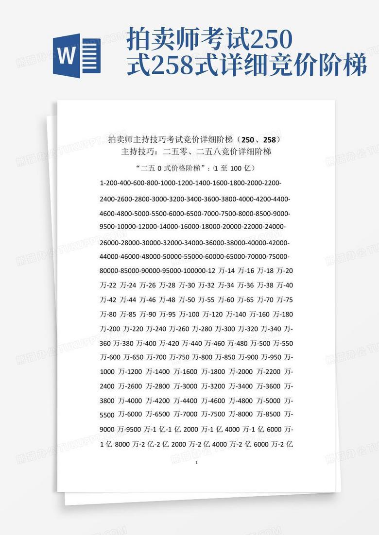 拍卖师考试250式258式详细竞价阶梯Word模板下载_编号lxemrwbz_熊猫办公