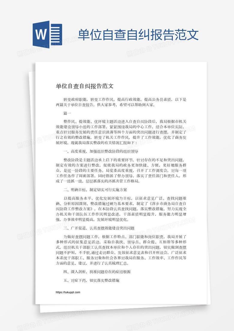 单位自查自纠报告范文word模板下载编号mvaoxnkg熊猫办公 
