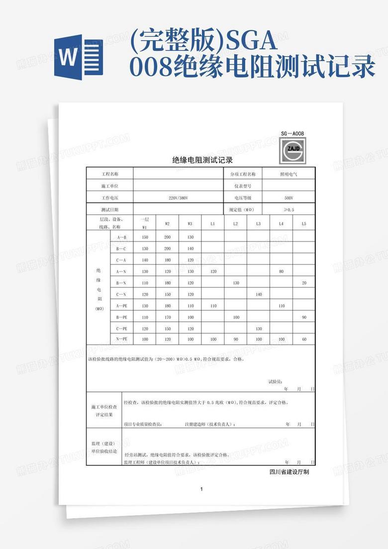 (完整版)sg-a008绝缘电阻测试记录Word模板下载_编号qxazpvva_熊猫办公