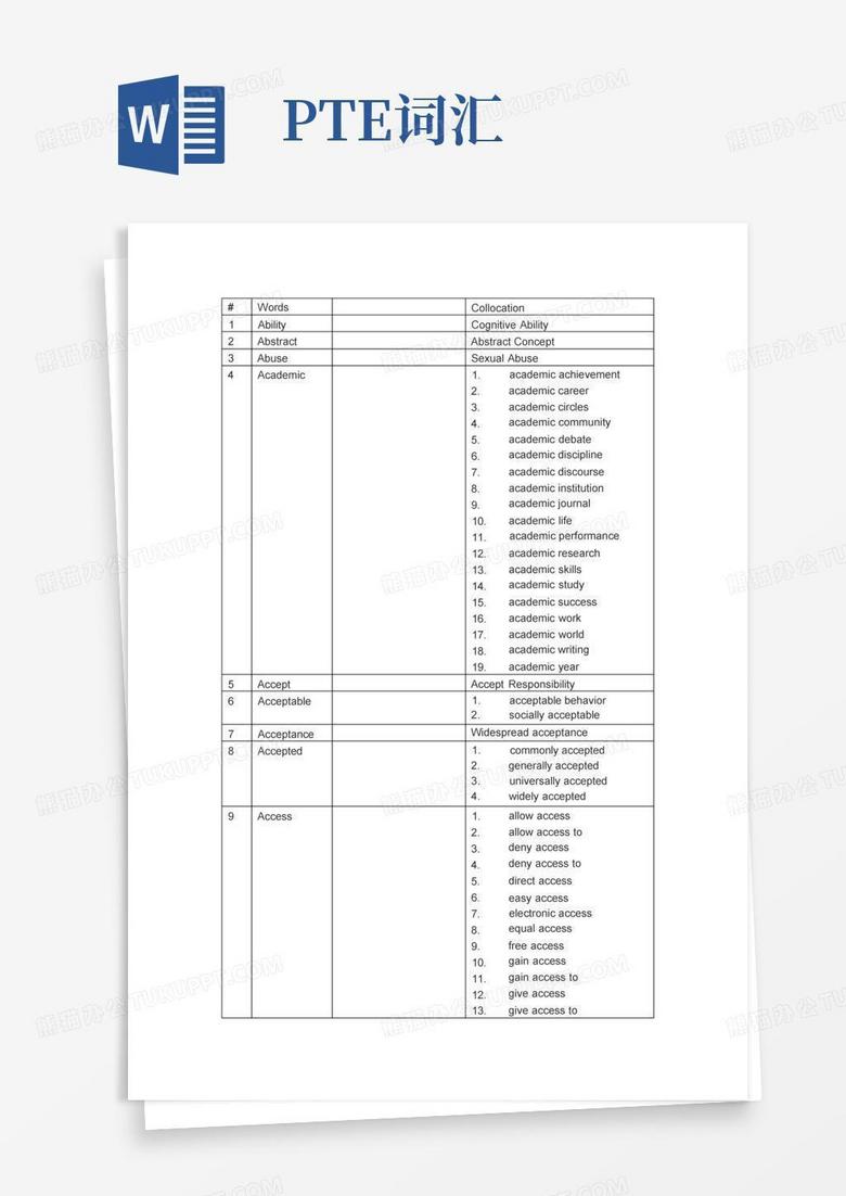 pte词汇Word模板下载_编号lyggzbmw_熊猫办公