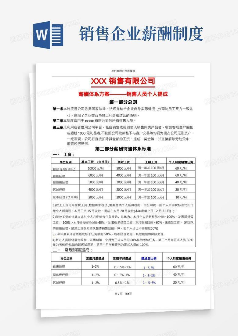 销售公司薪酬制度word模板下载编号qkoxpepp熊猫办公