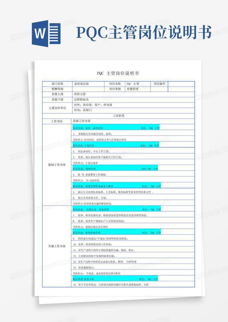 pqc主管岗位说明书Word模板下载_编号qjmjexzw_熊猫办公