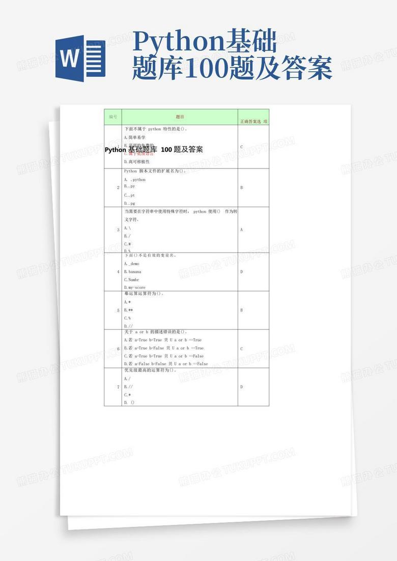 Python基础题库100题及答案word模板下载编号qjmrobvn熊猫办公