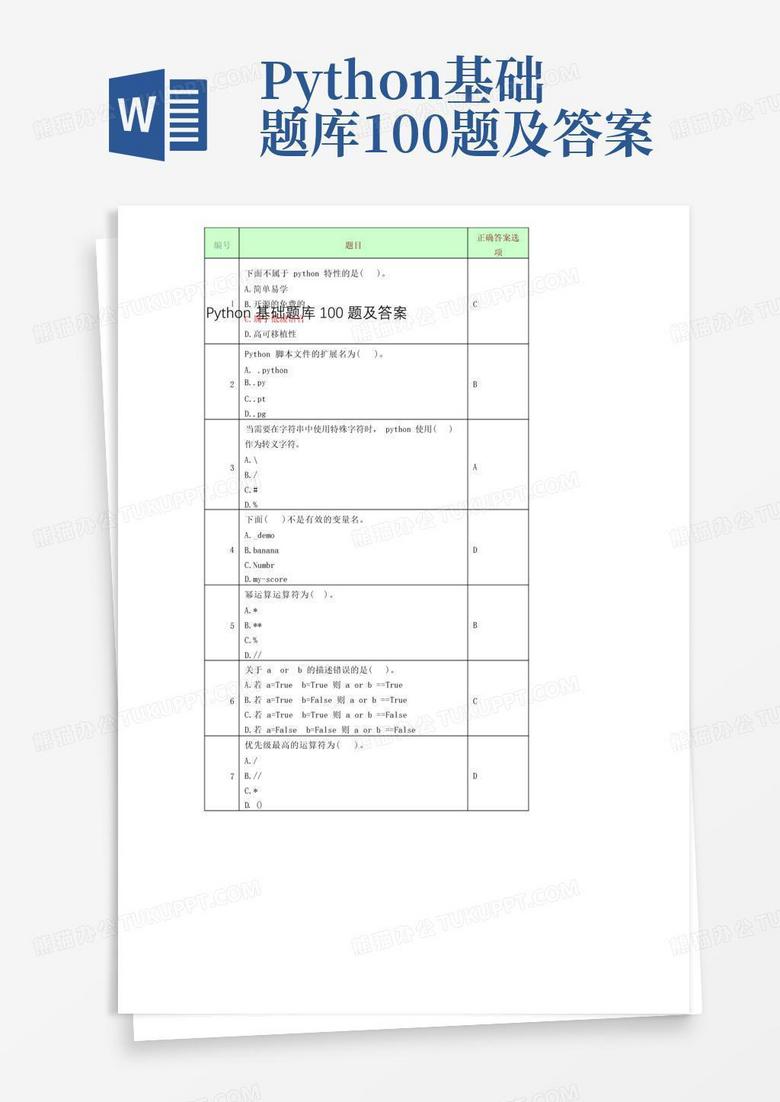 Python基础题库100题及答案word模板下载编号lwkarwab熊猫办公