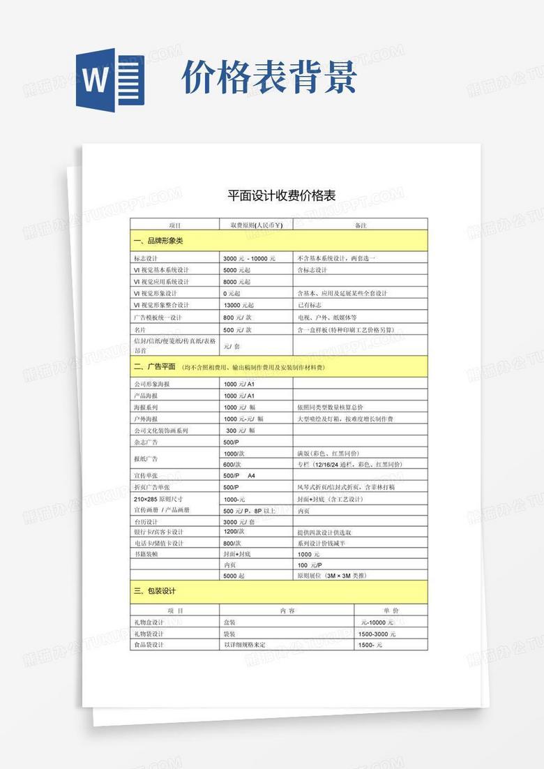 平面设计收费价格表样本Word模板下载_编号lxopovon_熊猫办公