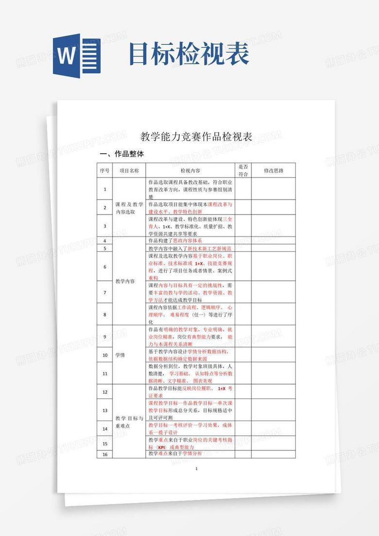 教学能力竞赛作品检视表(20230413)Word模板下载_编号ldpenndy_熊猫办公