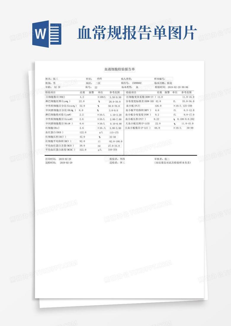 血常规报告单 内容完整版word模板下载编号qpbwggoy熊猫办公