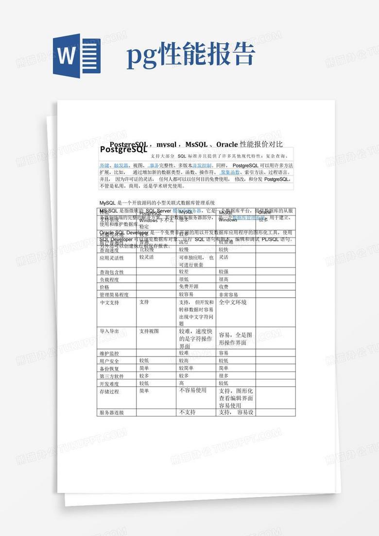 postgresql,mysql,mssql,oracle性能对比Word模板下载_编号lvnwnxpm_熊猫办公