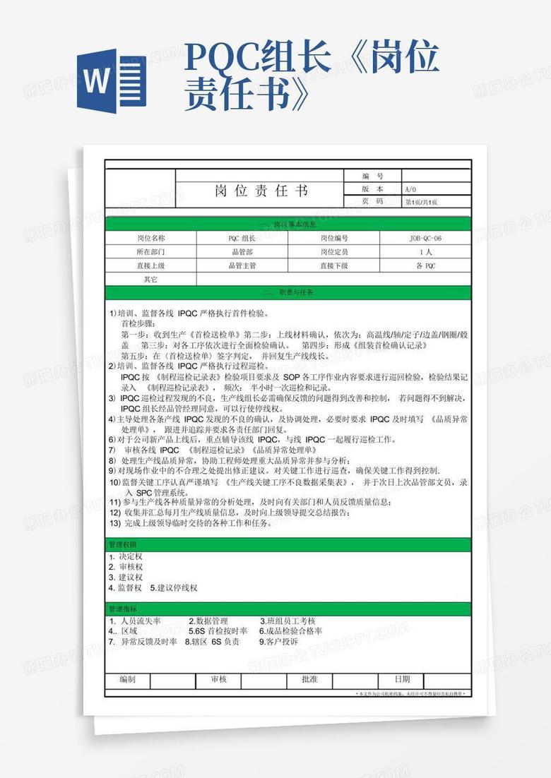 pqc组长《岗位责任书》Word模板下载_编号qnbeegdk_熊猫办公