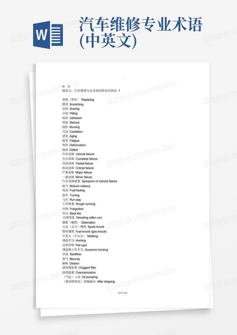 汽车维修专业术语中英文word模板下载编号qoanryxm熊猫办公