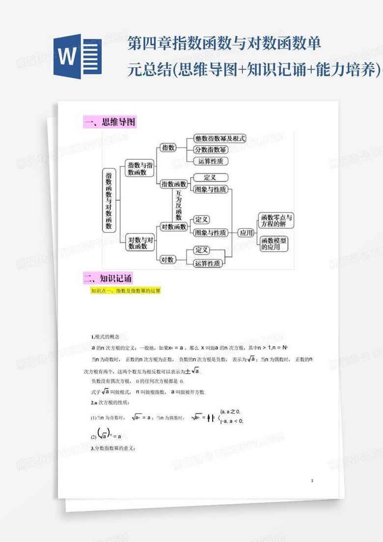 第四章指数函数与对数函数单元总结思维导图知识记诵能力培养含word模板下载编号qzrbwajr熊猫办公 