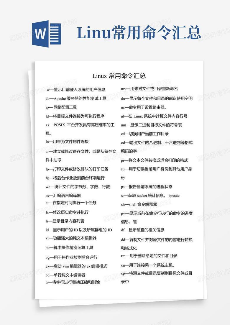 linux常用命令汇总Word模板下载_编号lrppjjzz_熊猫办公