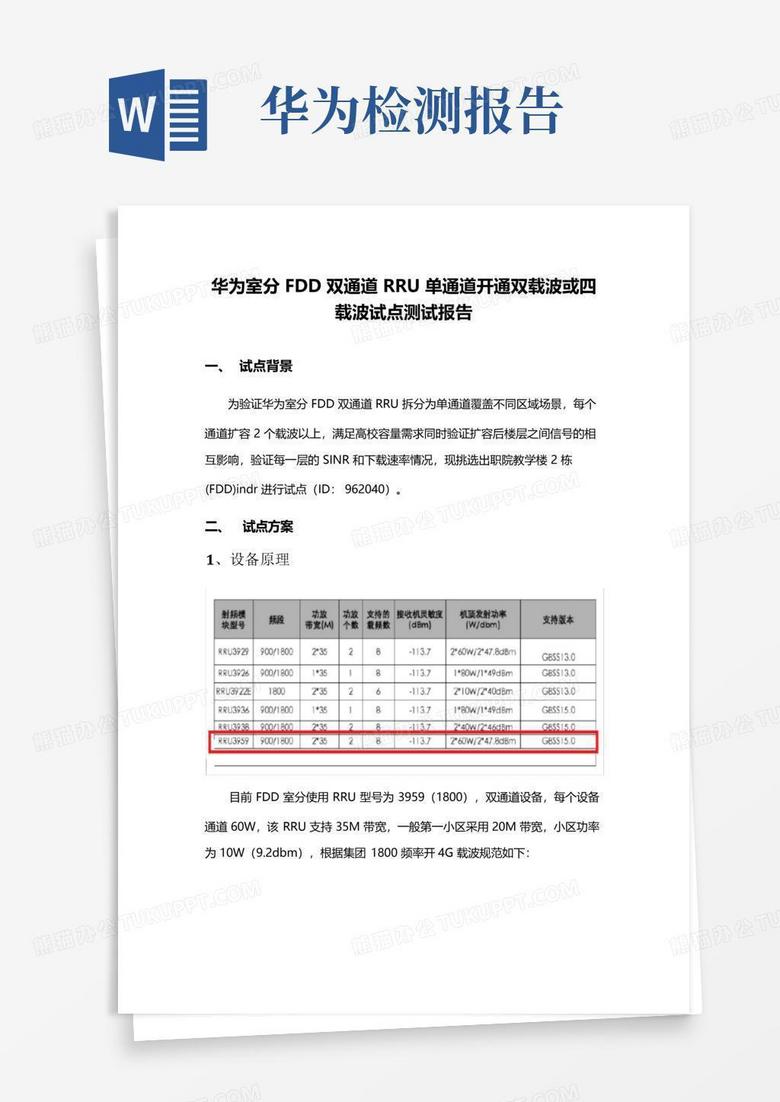华为室分fdd双通道rru单通道开通双载波或四载波试点测试报告Word模板下载_编号lgmrmbzv_熊猫办公