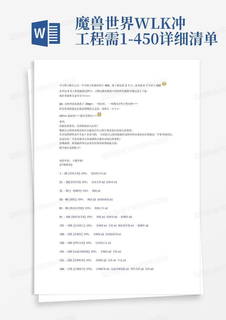 魔兽世界wlk冲工程需1-450详细清单Word模板下载_编号qppenvdg_熊猫办公