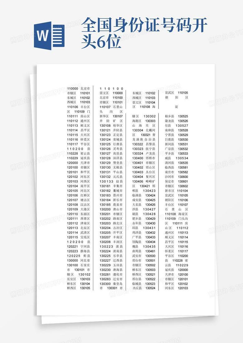 全国身份证号码开头6位Word模板下载_编号lmonwbzj_熊猫办公