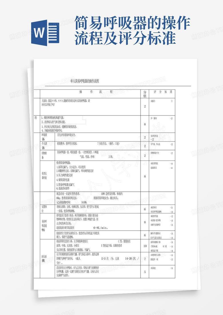 简易呼吸器的操作流程及评分标准word模板下载 编号ldgbzjyp 熊猫办公