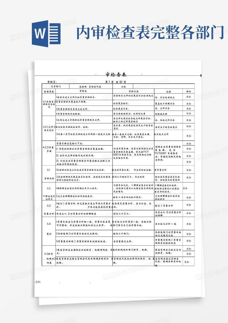 内审检查表完整各部门Word模板下载_编号qgmydmpb_熊猫办公
