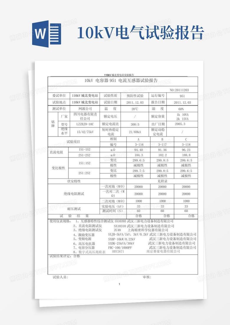 10kv电气试验报告Word模板下载_编号lvvvvzzb_熊猫办公