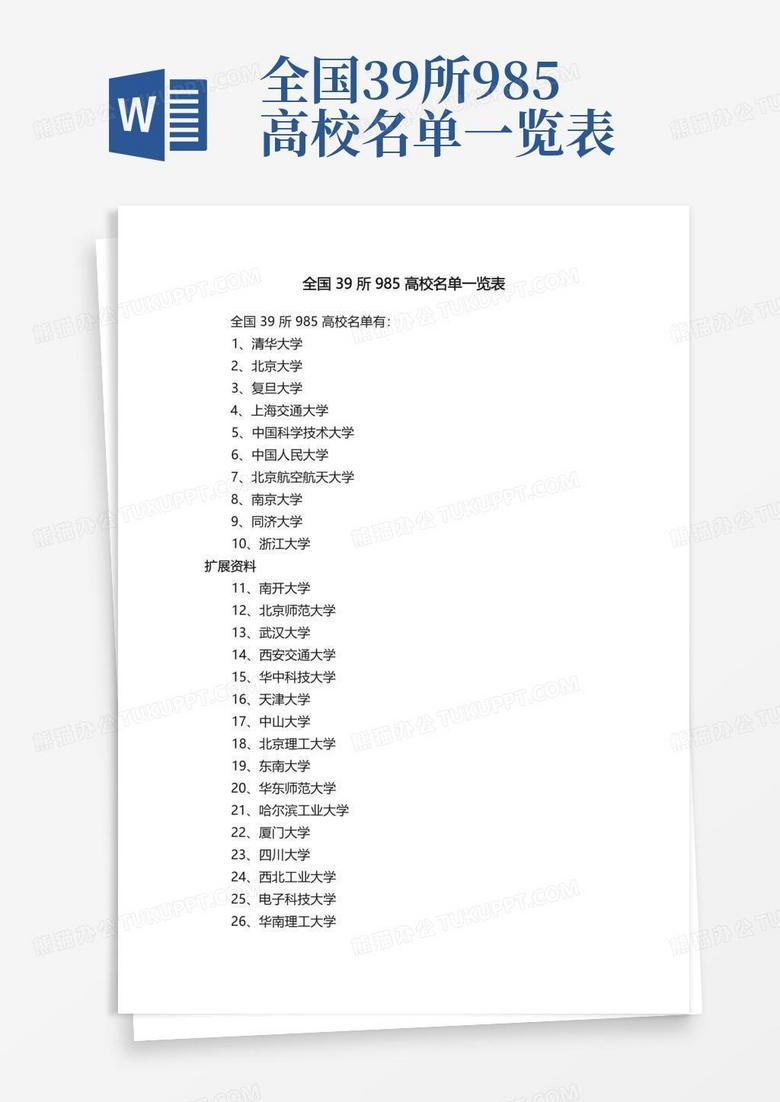 全国39所985高校名单一览表Word模板下载_编号qzmvnrkr_熊猫办公