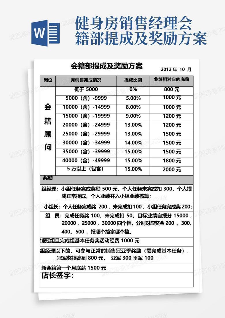 健身房销售经理 会籍部提成及奖励方案 Word模板下载编号lbpjvngw熊猫办公