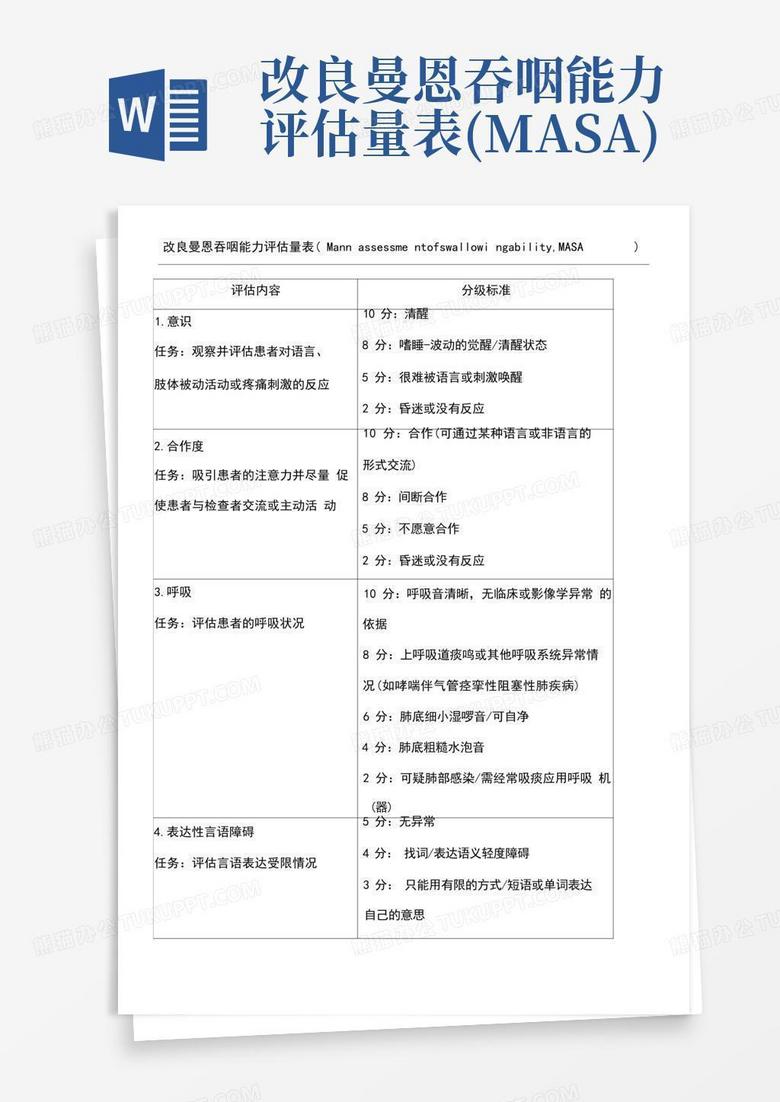 改良曼恩吞咽能力评估量表(masa)Word模板下载_编号leryxemo_熊猫办公