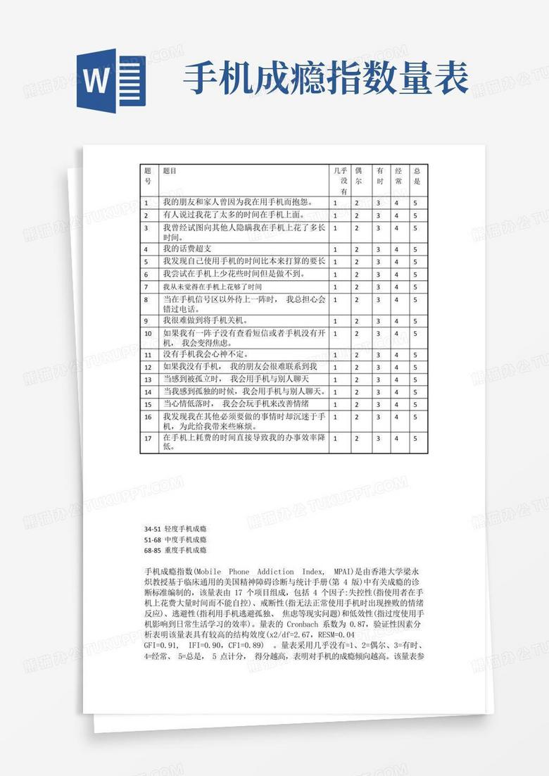 手机成瘾指数量表word模板下载编号lzmporvk熊猫办公
