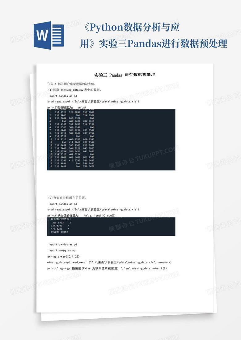 《python数据分析与应用》实验三pandas进行数据预处理word模板下载编号lmngejza熊猫办公